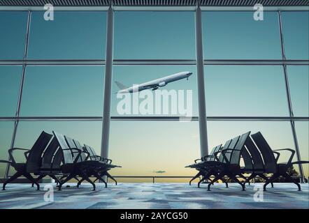 Airplane view from airport lounge in airport terminal Stock Photo - Alamy