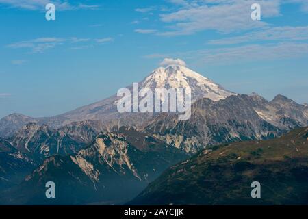 Aerial view of Redoubt Volcano (Mount Redoubt) in the Chigmit Mountains ...