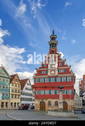Old city hall of Esslingen with red colored facade located on square ...
