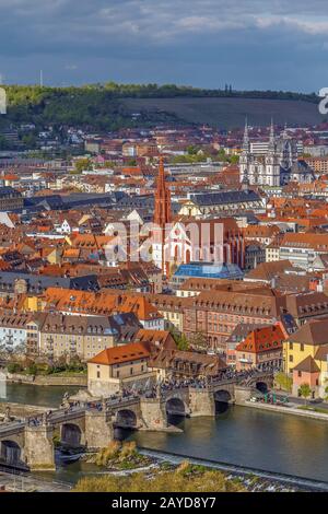 An aerial view of Wurzburg, Germany with historic buildings and ...