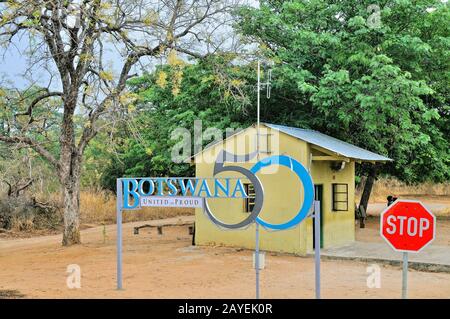 Botswana border, Africa; Road sign at the Botswana Namibia border ...