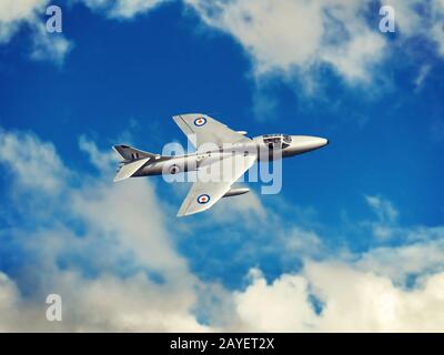 A composite image of an RAF Hawker Hunter jet fighter seen between the ...