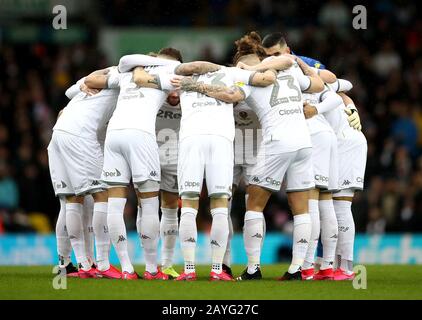 Leeds United players huddle before the Premier League match at Elland ...