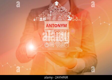 Writing note showing Antonym. Business concept for word or phrase whose ...