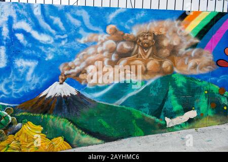 A wall painted by students with colorful murals in Quito, Ecuador Stock ...
