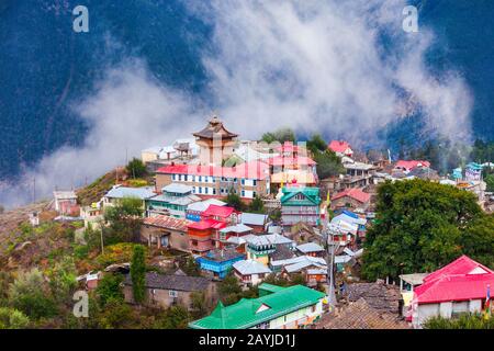 Kalpa and Kinnaur Kailash mountain aerial panoramic view. Kalpa is a ...