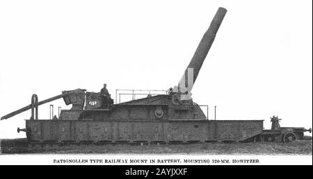 The French 370 mm railway howitzer, depicted in a travelling position ...