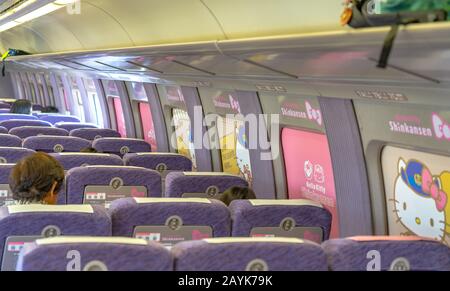 Hello Kitty Shinkansen bullet train, service on Sanyo Shinkansen line. Operated by West Japan ...
