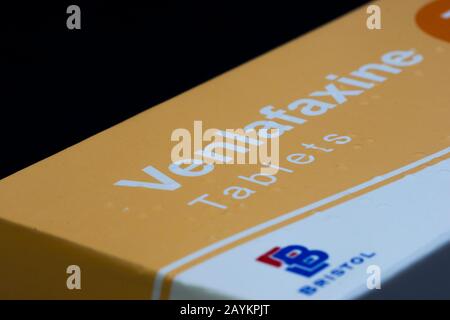 Box of Venlafaxine tablets, an antidepressant medication of the ...