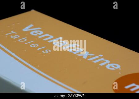 Box of Venlafaxine tablets, an antidepressant medication of the ...