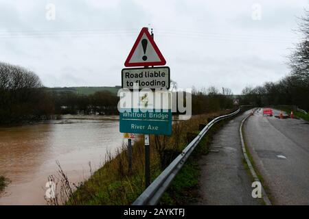 Axminster, Devon, UK. 16th February 2020. UK Weather. View of the River ...