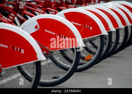 BARCELONA, SPAIN - August, 2014: Vodafone Bicing, bicycle sharing ...