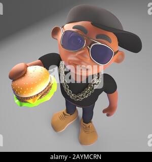 Hungry black hiphop rapper eating a delicious cheese burger snack, 3d ...