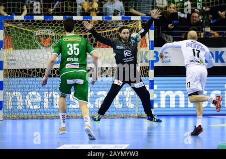 Tim Hornke of SC Magdeburg at the 7-meter-throw during the LIQUI MOLY ...