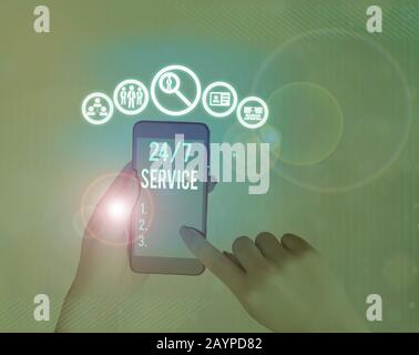 Handwriting text 24 Or 7 Service. Conceptual photo Always available to ...