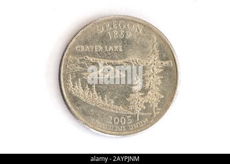 Oregon state commemorative quarter coin isolated on white background ...