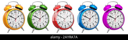 row of clocks line of alarm clocks background colourful 3D render ...
