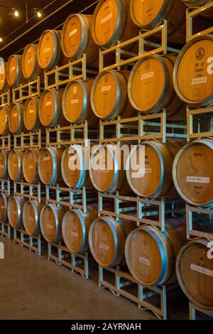 Interior with wine barrels of Merry Cellars winery in Pullman in ...