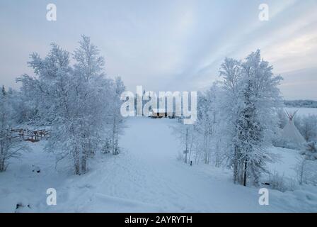 Snowy trees at Aurora Village, Yellowknife, Northwest Territories ...