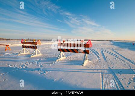 The Yellowknife end of the Dettah ice road in Yellowknife, Northwest ...