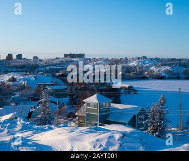 Looking toward downtown Yellowknife from The Rock in the old town ...