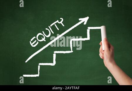 Hand drawing EQUITY inscription with white chalk on blackboard ...