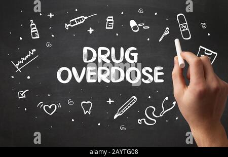 Hand drawing DRUG OVERDOSE inscription with white chalk on blackboard ...