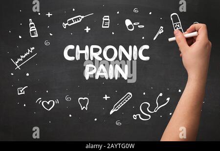 Hand drawing CHRONIC PAIN inscription with white chalk on blackboard ...