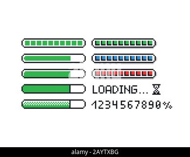 Pixel art 8-bit loading green bar please wait text - isolated vector illustration Stock Vector ...