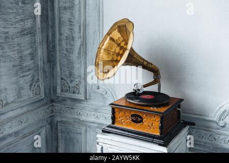 Ancient wooden gramophone. The Gramophone or phonograph is a device for ...