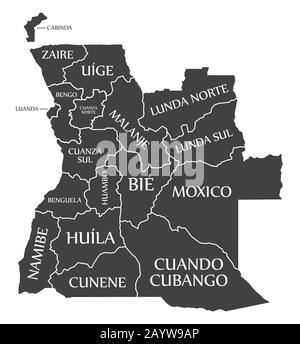 Angola map design. Country names in different languages and map shape ...