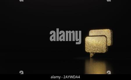 gold glitter symbol of rectangular rounded chat bubble with three dots 3D rendering on dark ...