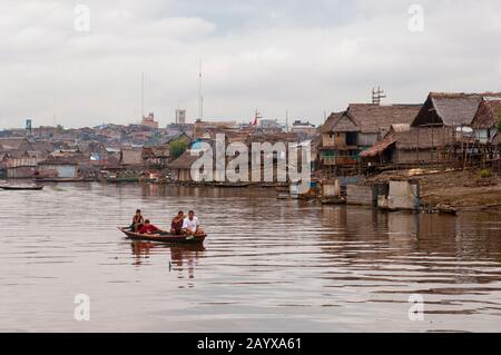 View of floating houses in Belem in Iquitos, a city on the Amazon River ...