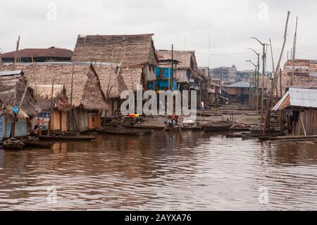 View of floating houses in Belem in Iquitos, a city on the Amazon River ...