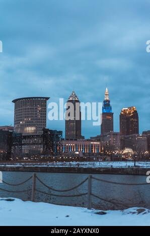 Cleveland Skyline during the winter from the flats Stock Photo - Alamy