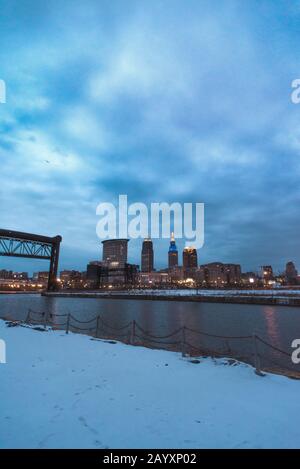 Cleveland Skyline during the winter from the flats Stock Photo - Alamy