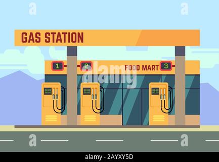 Modern roadside gas station vector, showing clean line-art outline and ...