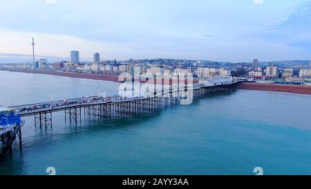 Amazing aerial view over Brighton Pier and Beach in England - drone ...