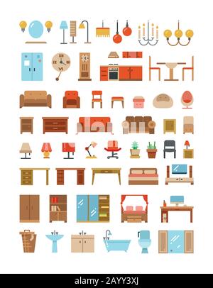 Kitchen furniture icons set flat vector. Apartment comfort. Fridge ...