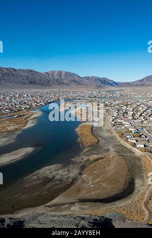 The monument to the 75th anniversary of the Bayan-Ulgii Province above ...