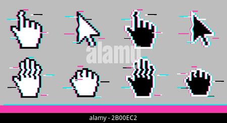 Black pixel glitch mouse hand and arrow cursor icon sign set flat style ...