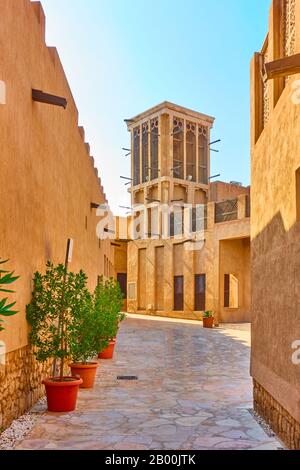 Building with windcatcher in Al Fahidi quarter in Old Dubai, United ...