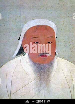 Genghis Khan (1162-1227). Emperor of Mogol Empire. Engraving. Colored ...