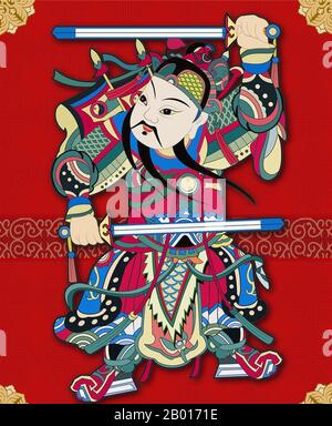 Shoki (Chinese: Zhong Kui), the demon queller, standing on a bridge, c ...