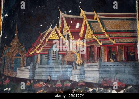 Thailand: Mural of King Mongkut (Rama IV) studying an eclipse, Wat ...