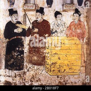 China: People preparing for a religious ceremony in a mural in the tomb ...