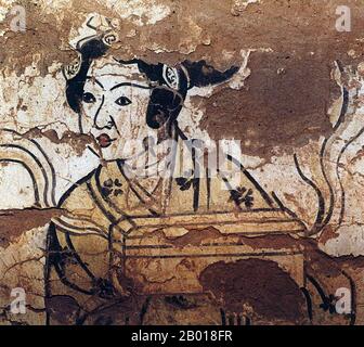 China: Preparing sutras for a religious ceremony (detail) in a mural in ...