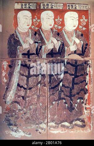 China: Three Manichaean priests. Mural from Gaochang, Turfan, Xinjiang ...