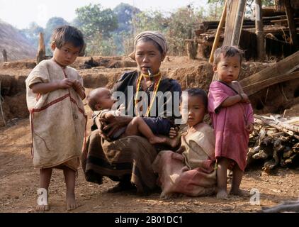 Burma/Myanmar: A Karen [Kayin] family in ethnic dress. The Shan text ...
