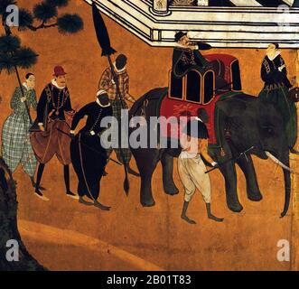 Japan: Detail of a byobu screen painting of namban (or nanban ...